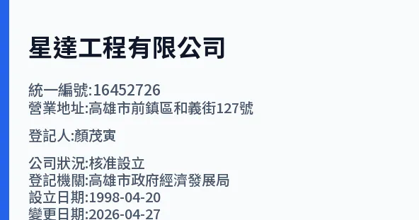 星達工程有限公司的照片-統編 16452726(高雄市) 公司登記資料與營業項目詳細圖表