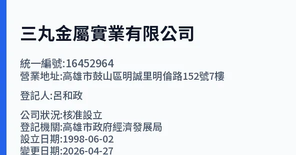 三丸金屬實業有限公司的照片-統編 16452964(高雄市) 公司登記資料與營業項目詳細圖表