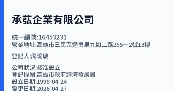 承苰企業有限公司的照片-統編 16453231(高雄市) 公司登記資料與營業項目詳細圖表