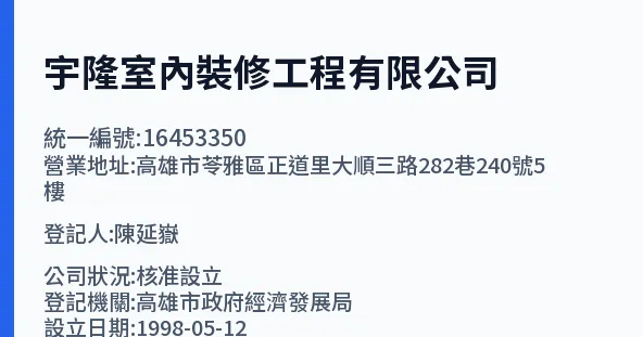 宇隆室內裝修工程有限公司的照片-統編 16453350(高雄市) 公司登記資料與營業項目詳細圖表