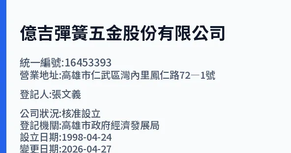 億吉彈簧五金股份有限公司的照片-統編 16453393(高雄市) 公司登記資料與營業項目詳細圖表