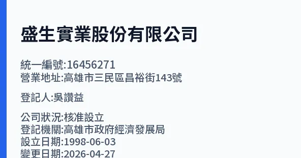 盛生實業股份有限公司的照片-統編 16456271(高雄市) 公司登記資料與營業項目詳細圖表