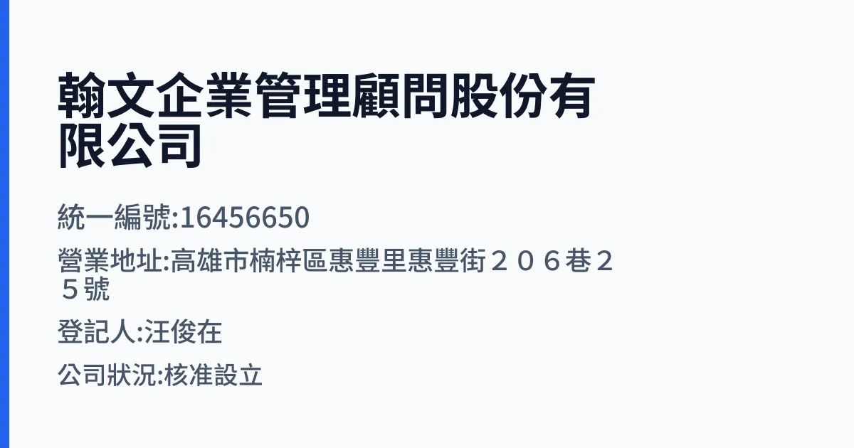 翰文企業管理顧問股份有限公司 - 統編 16456650(高雄市) 公司登記資料與營業項目詳細圖表