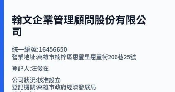 翰文企業管理顧問股份有限公司的照片-統編 16456650(高雄市) 公司登記資料與營業項目詳細圖表