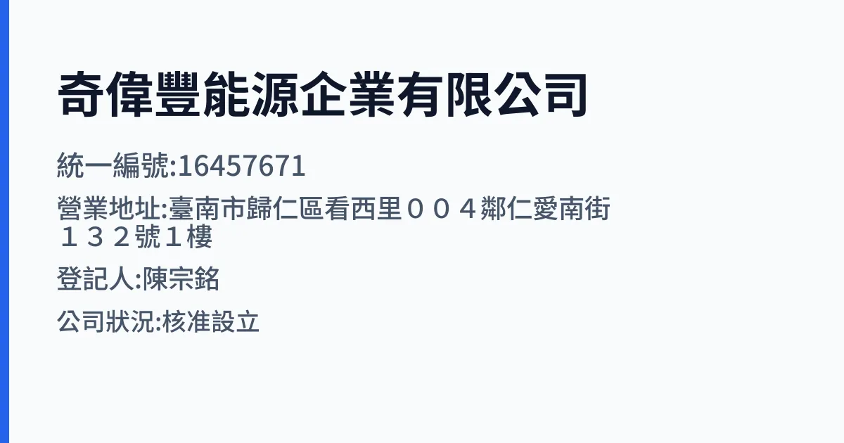 奇偉豐能源企業有限公司 - 統編 16457671(臺南市) 公司登記資料與營業項目詳細圖表
