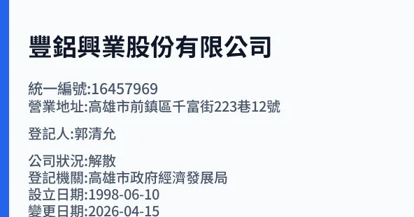 豐鋁興業股份有限公司的照片-統編 16457969(高雄市) 公司登記資料與營業項目詳細圖表