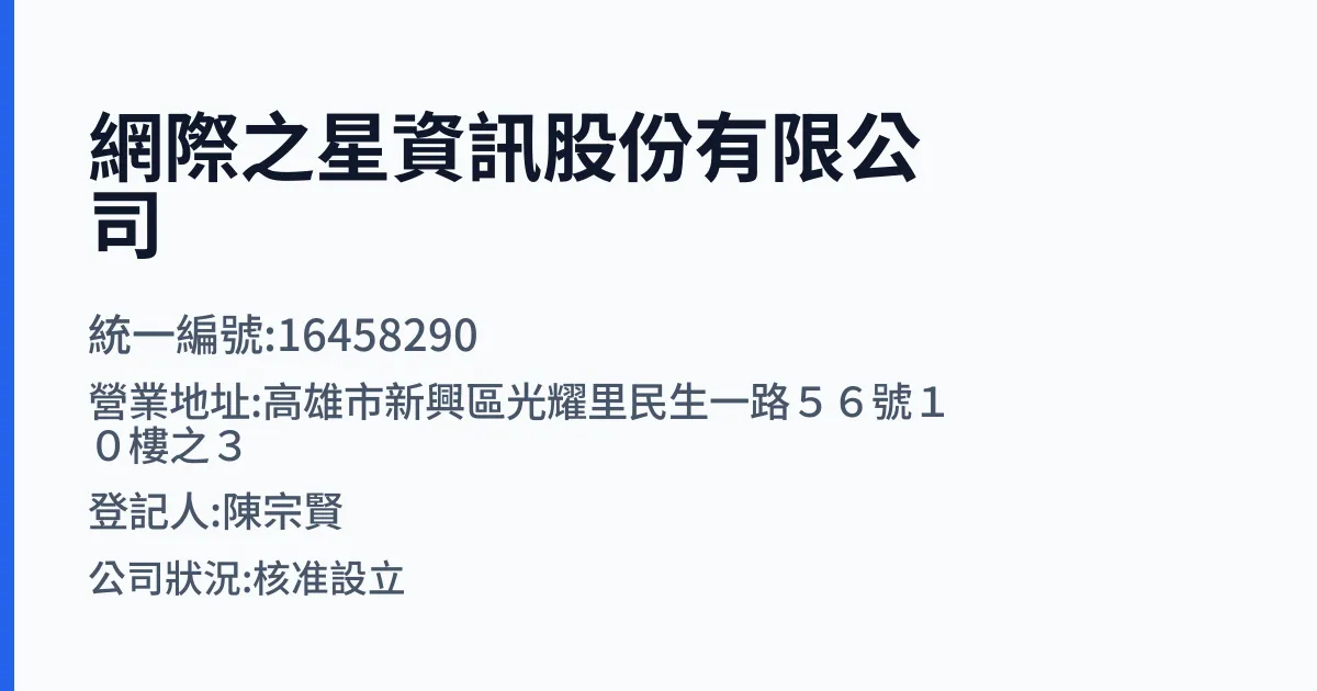 網際之星資訊股份有限公司 - 統編 16458290(高雄市) 公司登記資料與營業項目詳細圖表