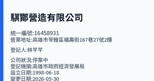 騏酇營造有限公司的照片-統編 16458931(高雄市) 公司登記資料與營業項目詳細圖表