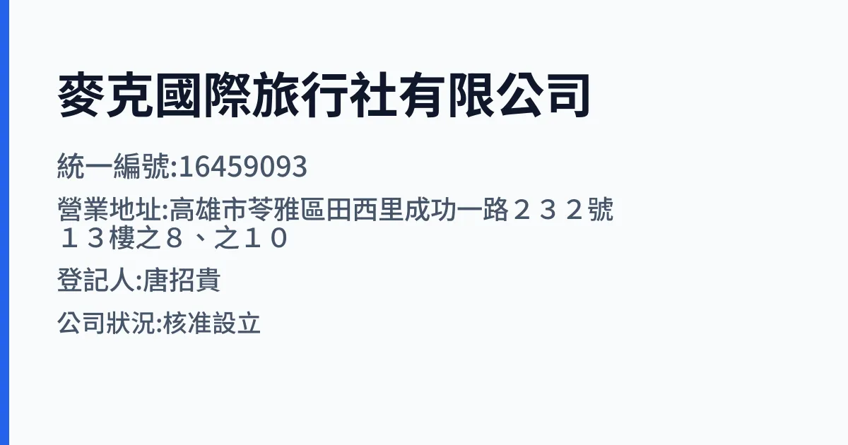 麥克國際旅行社有限公司 - 統編 16459093(高雄市) 公司登記資料與營業項目詳細圖表