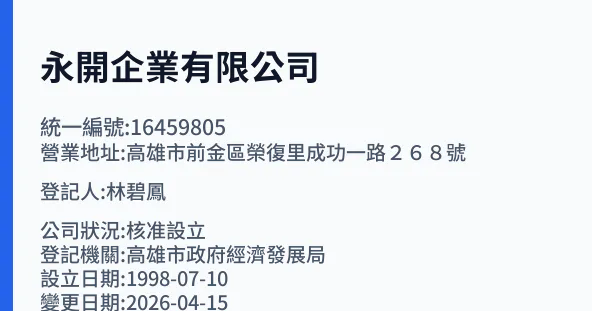 永開企業有限公司的照片-統編 16459805(高雄市) 公司登記資料與營業項目詳細圖表