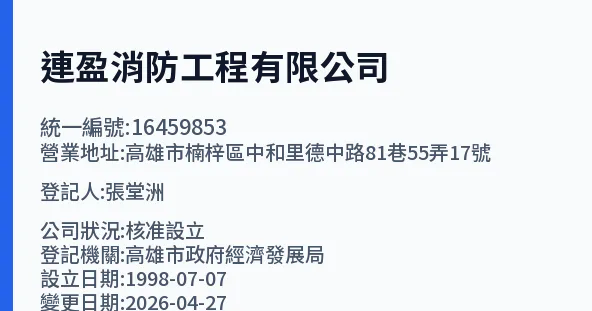 連盈消防工程有限公司的照片-統編 16459853(高雄市) 公司登記資料與營業項目詳細圖表