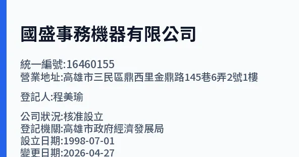 國盛事務機器有限公司的照片-統編 16460155(高雄市) 公司登記資料與營業項目詳細圖表