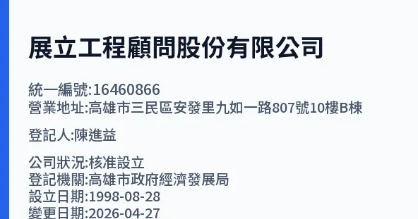 展立工程顧問股份有限公司的照片-統編 16460866(高雄市) 公司登記資料與營業項目詳細圖表