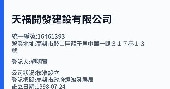 天福開發建設有限公司的照片-統編 16461393(高雄市) 公司登記資料與營業項目詳細圖表