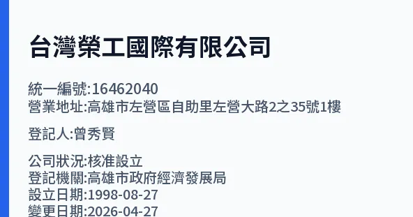 台灣榮工國際有限公司的照片-統編 16462040(高雄市) 公司登記資料與營業項目詳細圖表