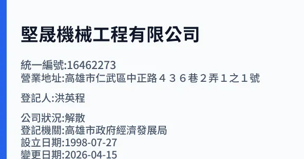 堅晟機械工程有限公司的照片-統編 16462273(高雄市) 公司登記資料與營業項目詳細圖表