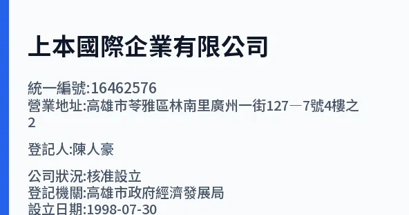 上本國際企業有限公司的照片-統編 16462576(高雄市) 公司登記資料與營業項目詳細圖表