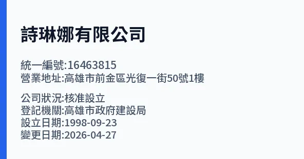 詩琳娜有限公司的照片-統編 16463815(高雄市) 公司登記資料與營業項目詳細圖表