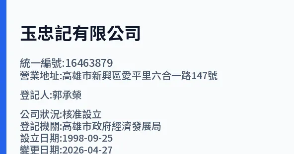 玉忠記有限公司的照片-統編 16463879(高雄市) 公司登記資料與營業項目詳細圖表