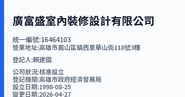 廣富盛室內裝修設計有限公司的照片-統編 16464103(高雄市) 公司登記資料與營業項目詳細圖表