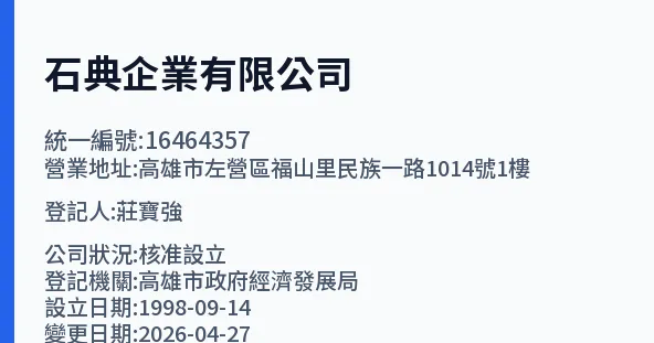 石典企業有限公司的照片-統編 16464357(高雄市) 公司登記資料與營業項目詳細圖表
