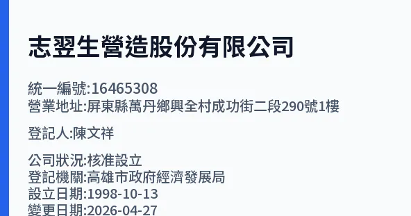 志翌生營造股份有限公司的照片-統編 16465308(屏東縣) 公司登記資料與營業項目詳細圖表