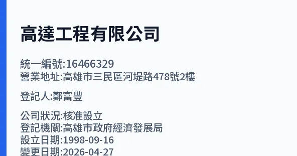 高達工程有限公司的照片-統編 16466329(高雄市) 公司登記資料與營業項目詳細圖表