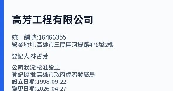 高芳工程有限公司的照片-統編 16466355(高雄市) 公司登記資料與營業項目詳細圖表