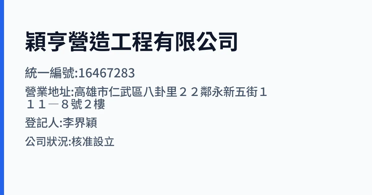 穎亨營造工程有限公司 - 統編 16467283(高雄市) 公司登記資料與營業項目詳細圖表
