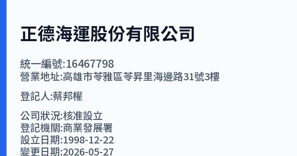 正德海運股份有限公司的照片-統編 16467798(高雄市) 公司登記資料與營業項目詳細圖表