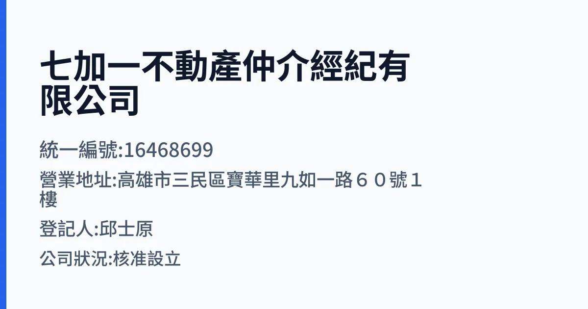 七加一不動產仲介經紀有限公司 - 統編 16468699(高雄市) 公司登記資料與營業項目詳細圖表