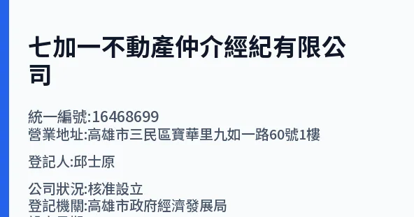 七加一不動產仲介經紀有限公司的照片-統編 16468699(高雄市) 公司登記資料與營業項目詳細圖表