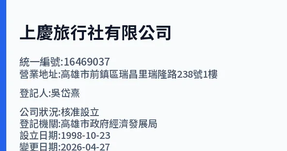 上慶旅行社有限公司的照片-統編 16469037(高雄市) 公司登記資料與營業項目詳細圖表