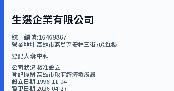 生選企業有限公司的照片-統編 16469867(高雄市) 公司登記資料與營業項目詳細圖表