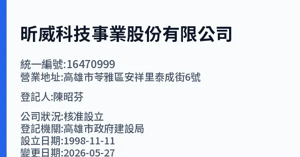 昕威科技事業股份有限公司的照片-統編 16470999(高雄市) 公司登記資料與營業項目詳細圖表