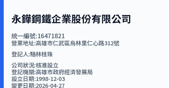 永鏵鋼鐵企業股份有限公司的照片-統編 16471821(高雄市) 公司登記資料與營業項目詳細圖表