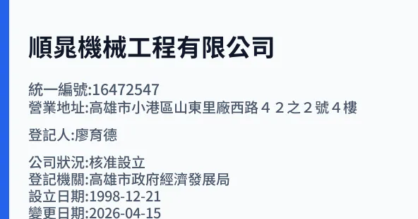 順晁機械工程有限公司的照片-統編 16472547(高雄市) 公司登記資料與營業項目詳細圖表