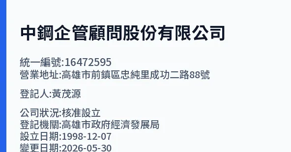 中鋼企管顧問股份有限公司的照片-統編 16472595(高雄市) 公司登記資料與營業項目詳細圖表