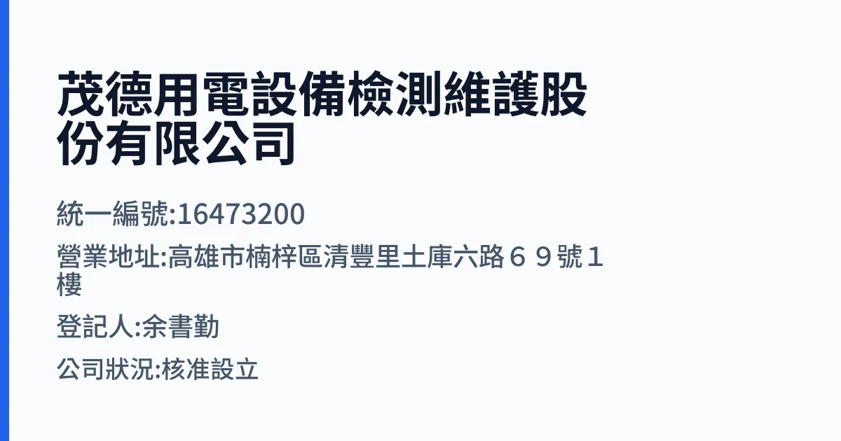 茂德用電設備檢測維護股份有限公司 - 統編 16473200(高雄市) 公司登記資料與營業項目詳細圖表