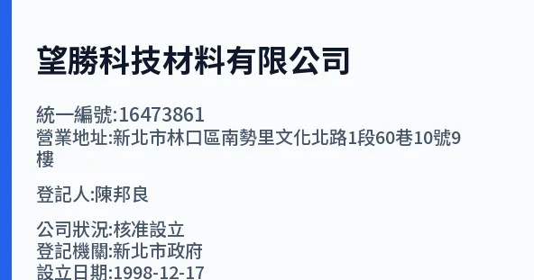 望勝科技材料有限公司的照片-統編 16473861(新北市) 公司登記資料與營業項目詳細圖表