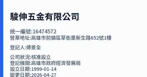駿伸五金有限公司的照片-統編 16474572(高雄市) 公司登記資料與營業項目詳細圖表