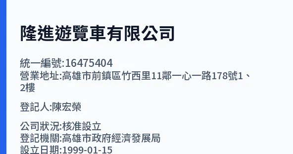 隆進遊覽車有限公司的照片-統編 16475404(高雄市) 公司登記資料與營業項目詳細圖表