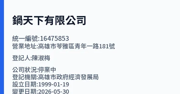 鍋天下有限公司的照片-統編 16475853(高雄市) 公司登記資料與營業項目詳細圖表