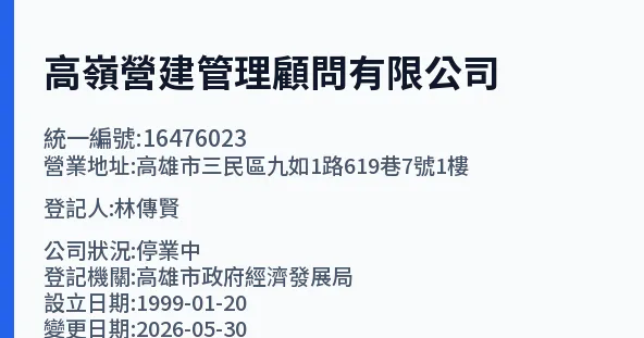 高嶺營建管理顧問有限公司的照片-統編 16476023(高雄市) 公司登記資料與營業項目詳細圖表