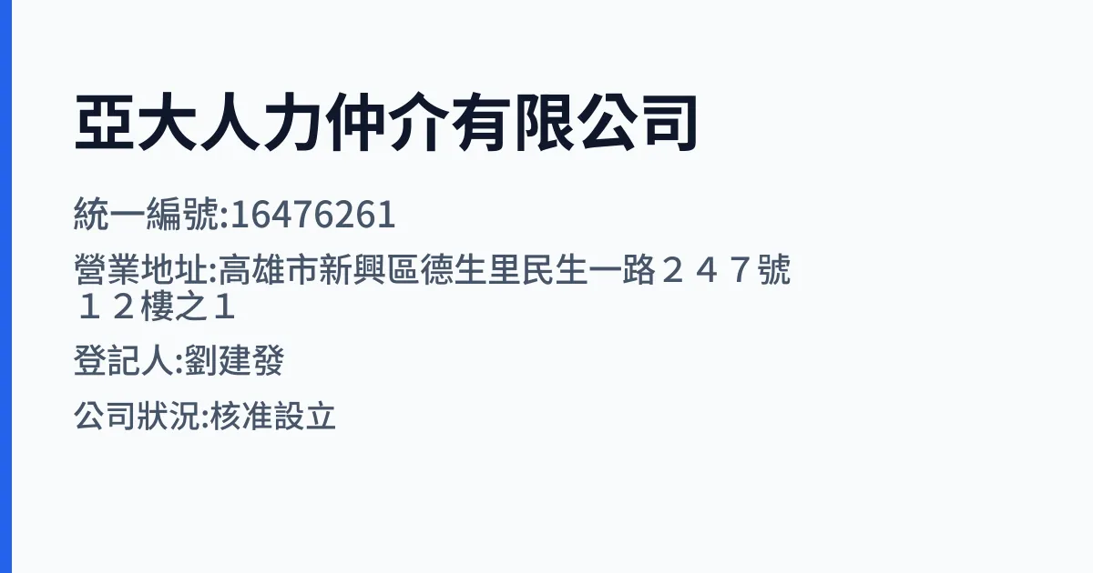 亞大人力仲介有限公司 - 統編 16476261(高雄市) 公司登記資料與營業項目詳細圖表