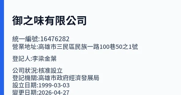 御之味有限公司的照片-統編 16476282(高雄市) 公司登記資料與營業項目詳細圖表