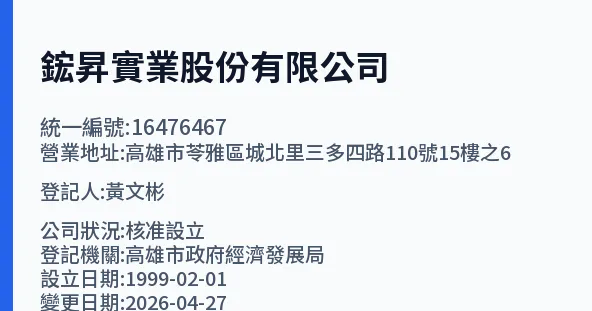 鋐昇實業股份有限公司的照片-統編 16476467(高雄市) 公司登記資料與營業項目詳細圖表