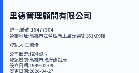里德管理顧問有限公司的照片-統編 16477304(高雄市) 公司登記資料與營業項目詳細圖表