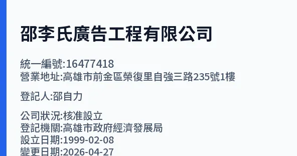 邵李氏廣告工程有限公司的照片-統編 16477418(高雄市) 公司登記資料與營業項目詳細圖表