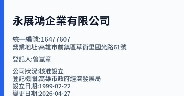 永展鴻企業有限公司的照片-統編 16477607(高雄市) 公司登記資料與營業項目詳細圖表